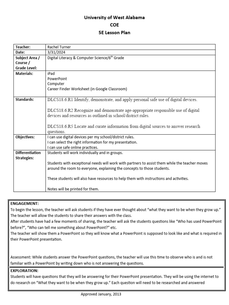 turner-5e lesson plan - indiviualdraft 1 | PDF | Teachers | Educational ...