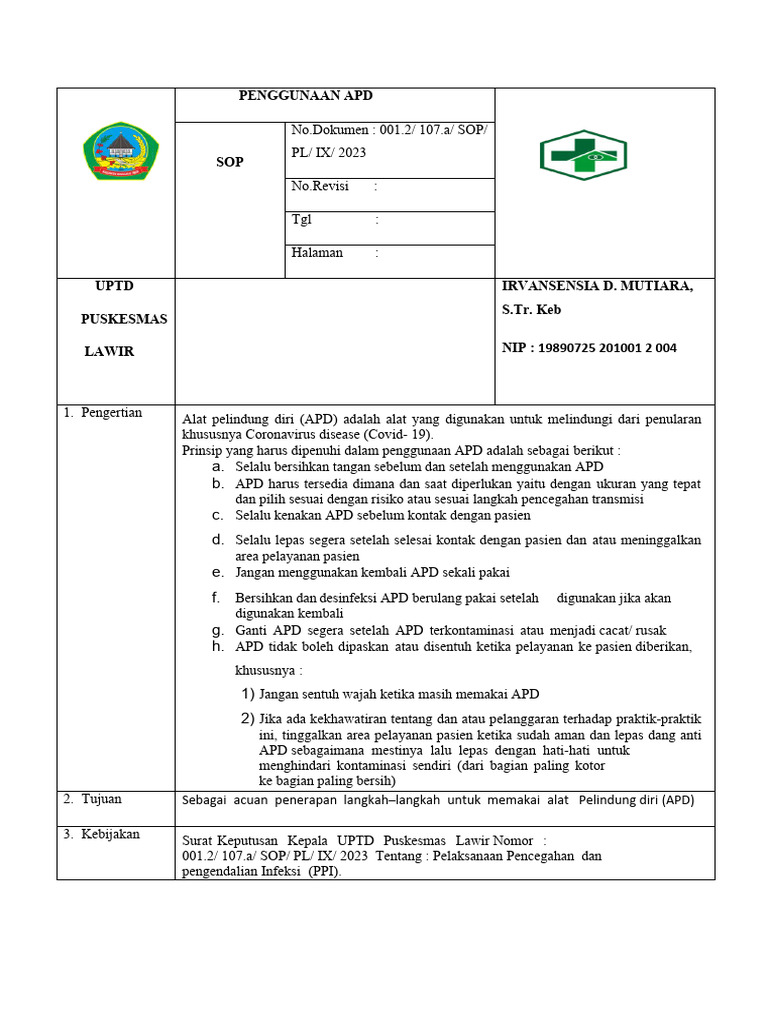 Sop Pemakaian Apd | PDF