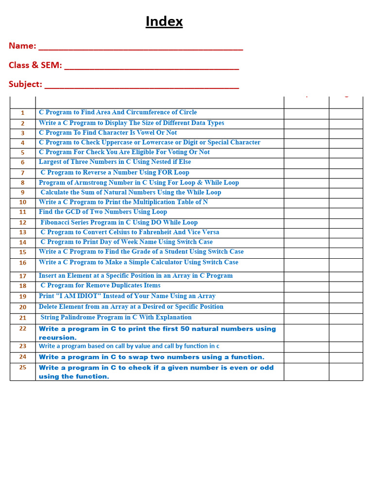 C Practical Index | PDF