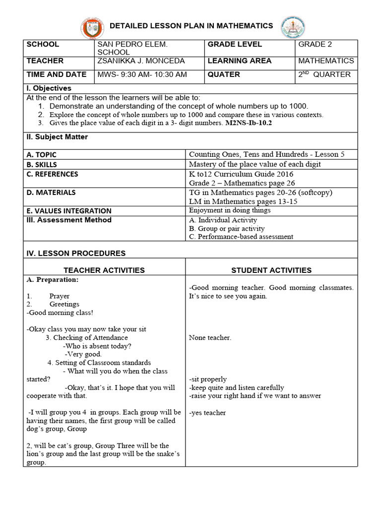 Grade 2 Math Lesson Plan: Whole Numbers | PDF | Lesson Plan | Teachers