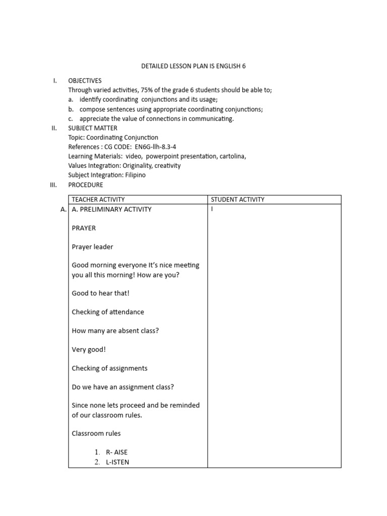 Coordinating Conjunctions Lesson Plan | PDF