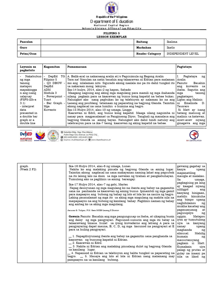 Lesson Exemplar Filipino 5 W2 Independent | PDF Lesson Exemplar Filipino 5 W2 Independent | PDF