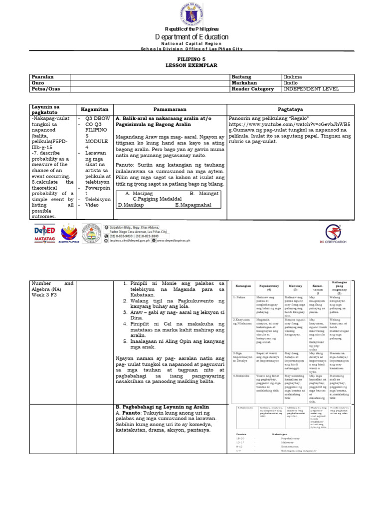 Lesson Exemplar Filipino 5 W3 Independent | PDF