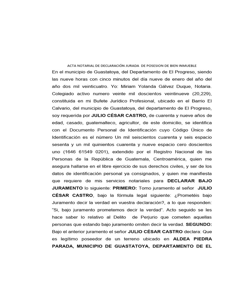 Declaracion Jurada Unilateral de Bien Inmueble Julio Castro | PDF | Política | Ciencias sociales