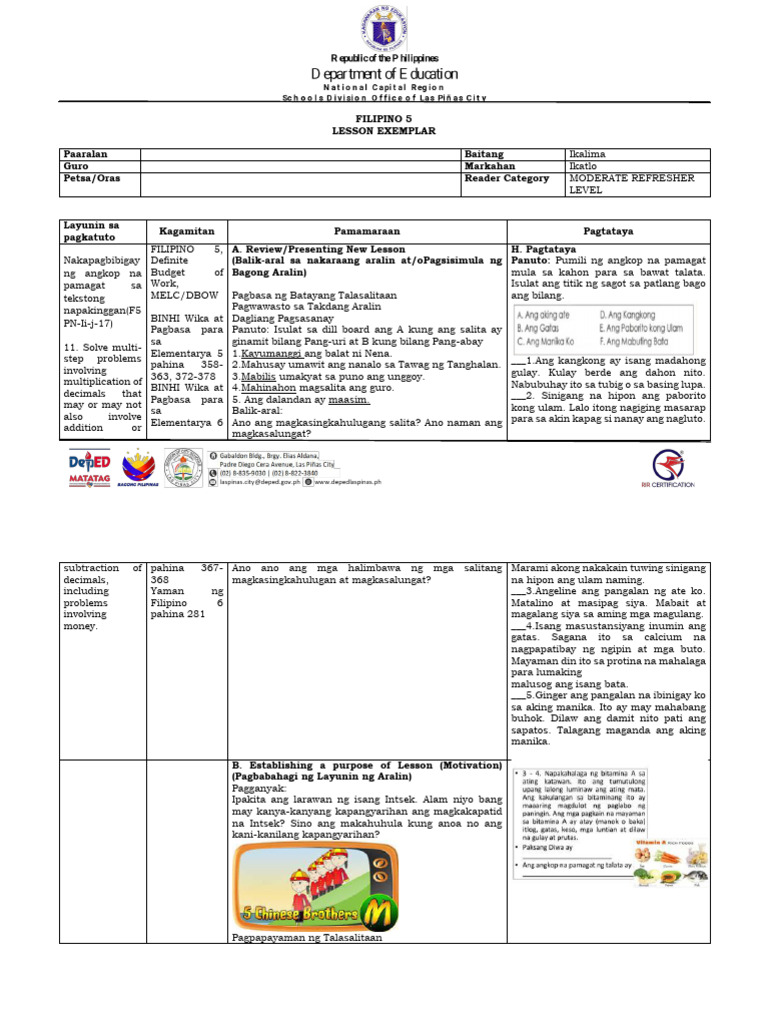 Lesson Exemplar Filipino 5 W6 Instructional | PDF