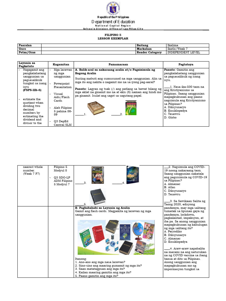 Lesson Exemplar Filipino 5 W7 Independent | PDF