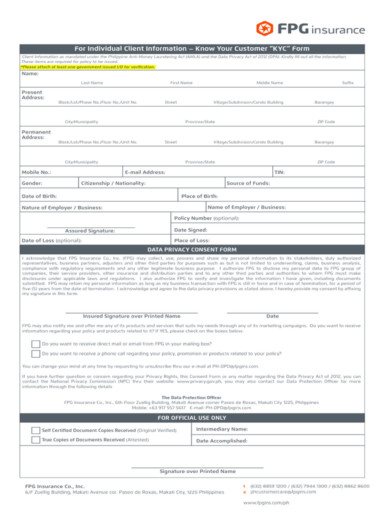 01 KYC Individual - Final (Legal) - 09022021 - Editable | PDF | Information Privacy | Insurance