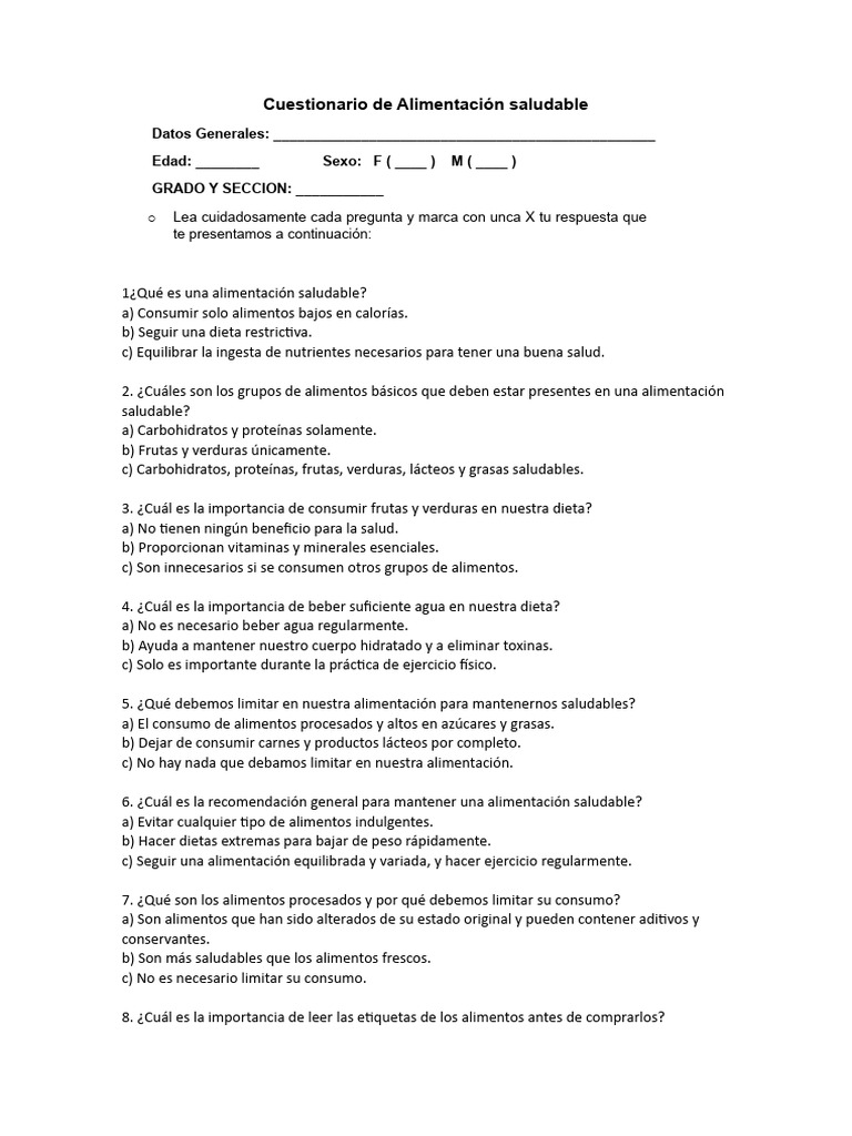 Cuestionario de Alimentación Saludable - 110614 | Descargar gratis PDF | Alimentos | Dieta