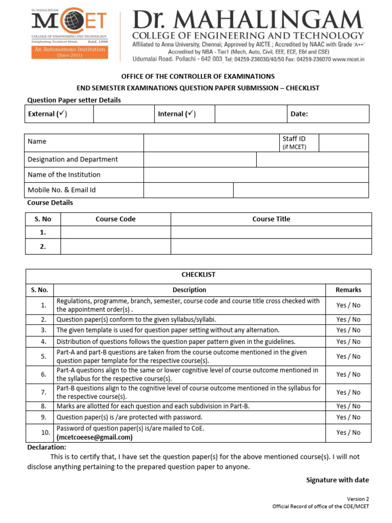 2019-QP Check List Form | PDF