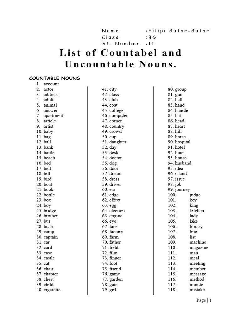 English - List of Countable and Uncountable | PDF