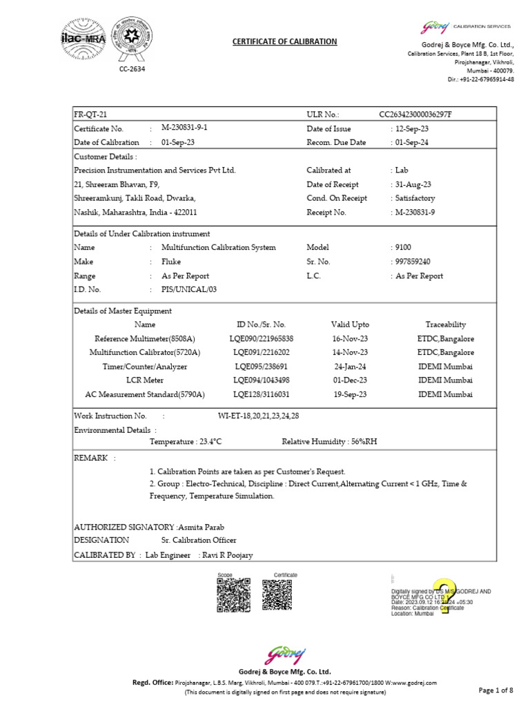 Certificate No M-230831-9-1 PIS UNICAL 03 997859240 | PDF | Calibration ...
