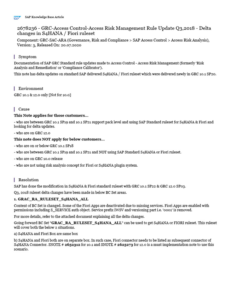 GRC-Access Control-Access Risk Management Rule Update Q3,2018 - Delta Changes in S4HANA Fiori ...