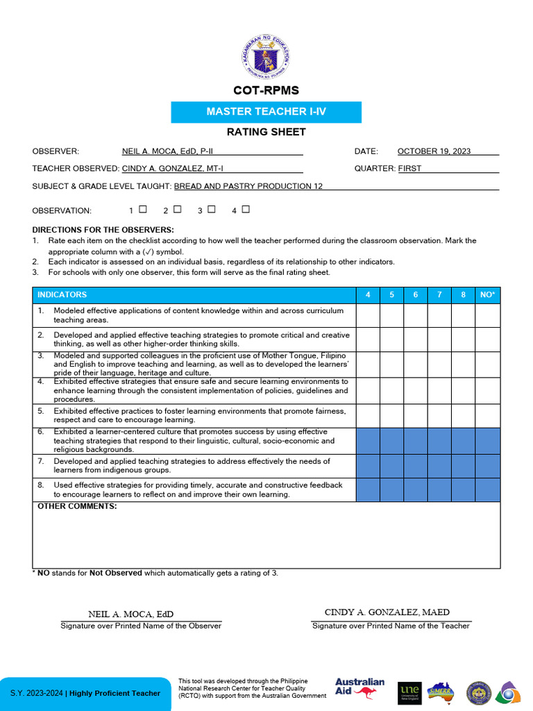 COT-RPMS Rating Sheet 2023-2024 | PDF | Teachers | Learning