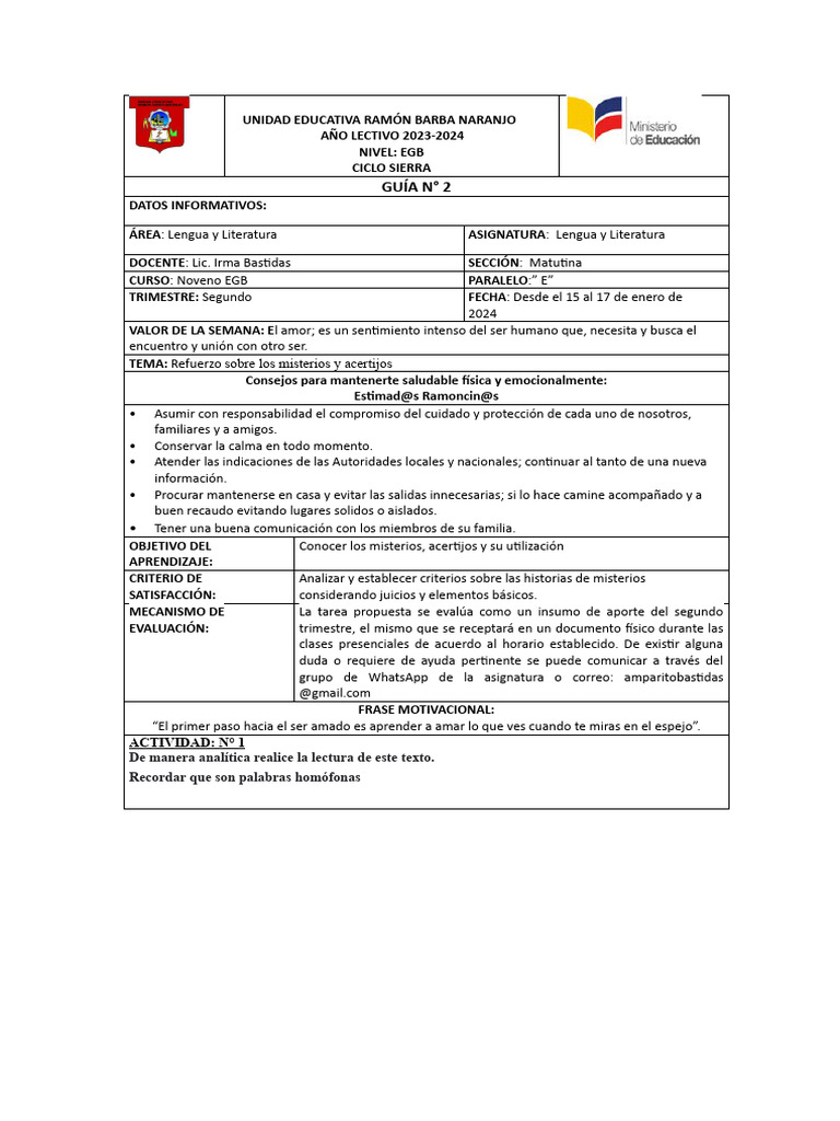 10mo E Guía N°2 De Lengua Y Literatura Pdf Modificación De