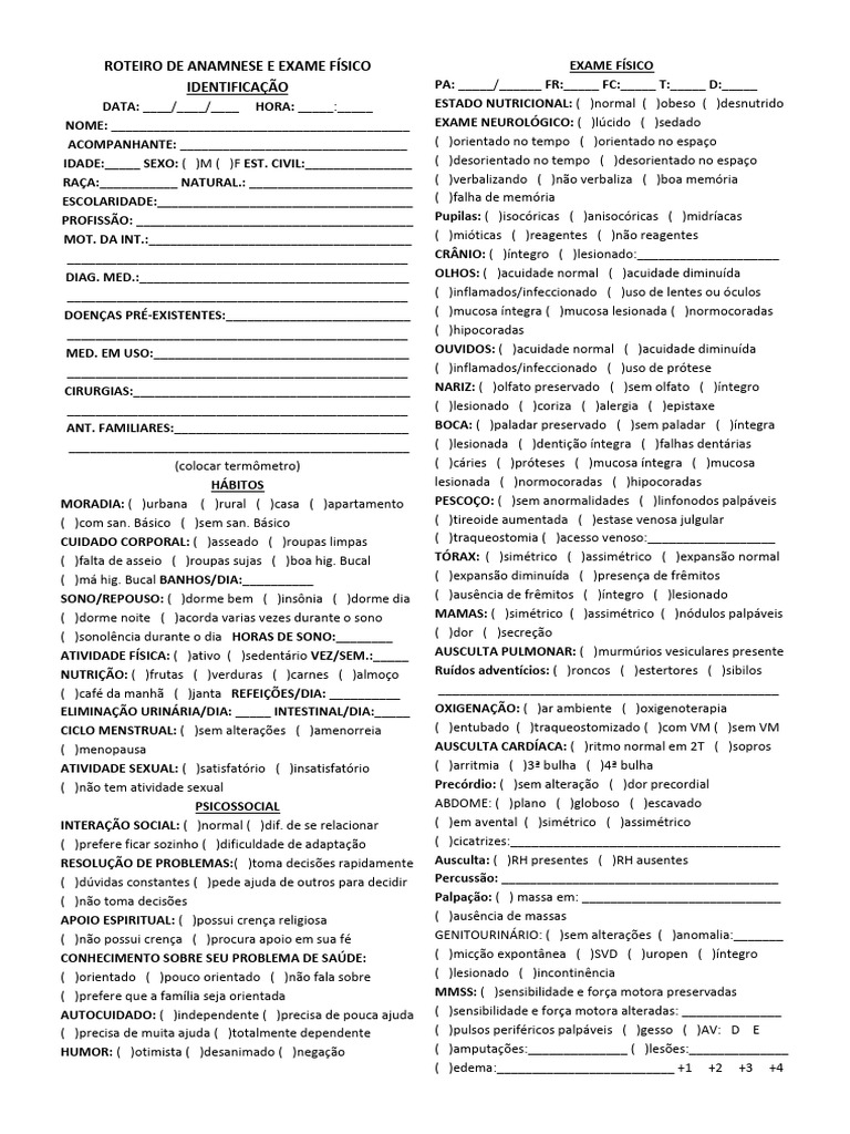 Roteiro de Anamnese e Exame Físico | Download grátis PDF | Especialidades médicas | Medicina Clínica