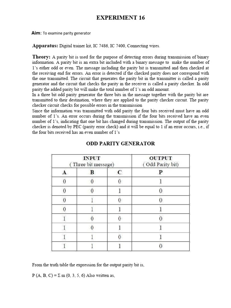 Odd Parity Generator Experiment | PDF | Bit | Arithmetic