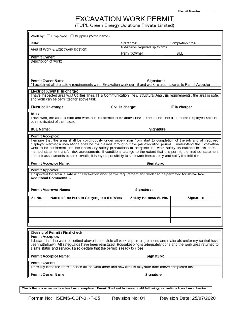 Excavation Work Permit - HSEMS-OCP-01-F-05 | PDF | Occupational Safety ...
