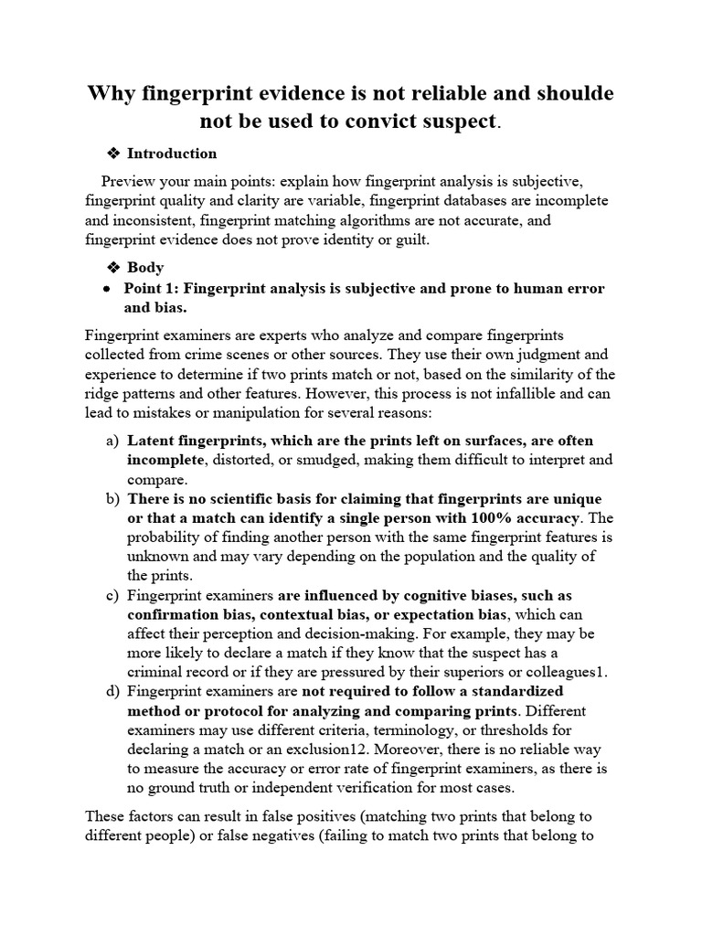 Outline Why Finger Evidence Is Not Reliable | PDF | Fingerprint ...