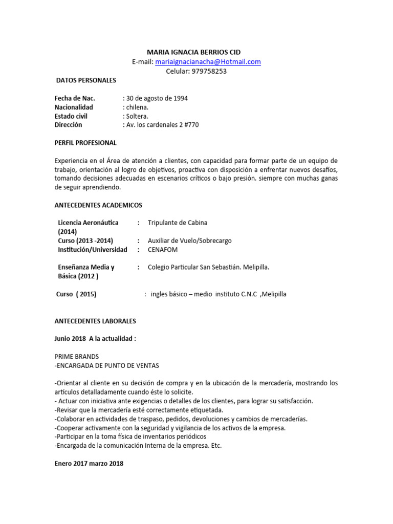Curriculum Vitae Maria Ignacia Berrios Cid 2020 | PDF | Crecimiento ...