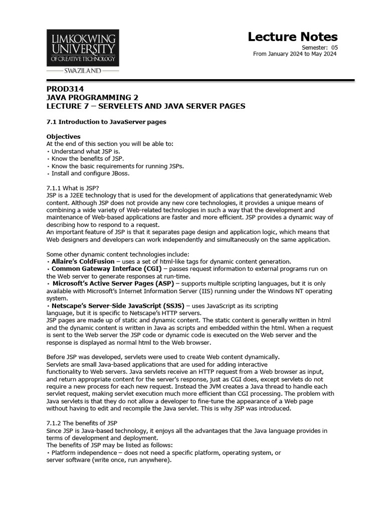 Java Servlets & JSP Lecture Notes | PDF | Dynamic Web Page | Networking