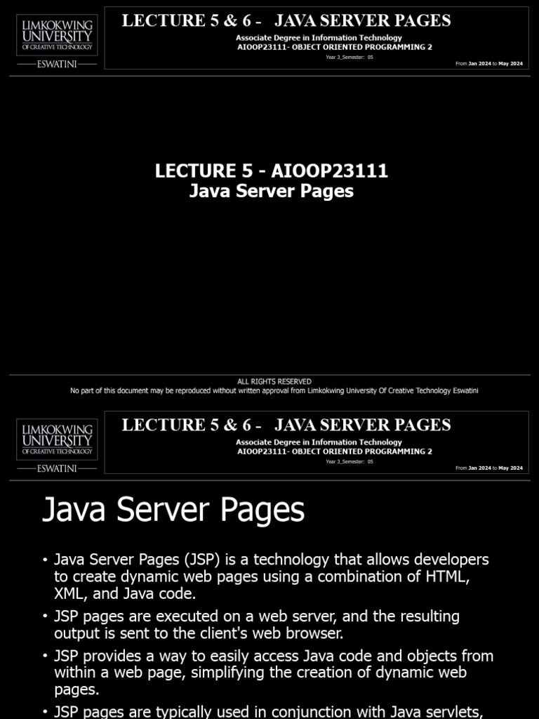 Prog315 - Lecture 5 - 2024 - JSP | PDF | Computing | Computer Programming