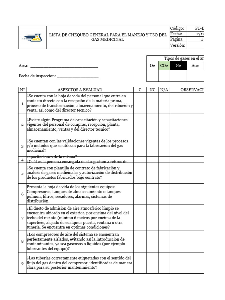 Lista de Chequeo de Gases Medicinales (Grupo #7) | PDF | Gases | Importar