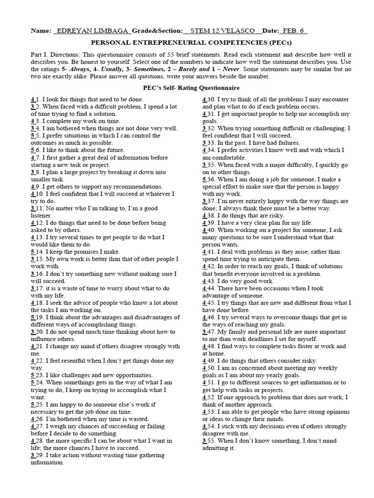 PECs-Self-Rating-Questionnaire | PDF | Questionnaire | Behavioural Sciences