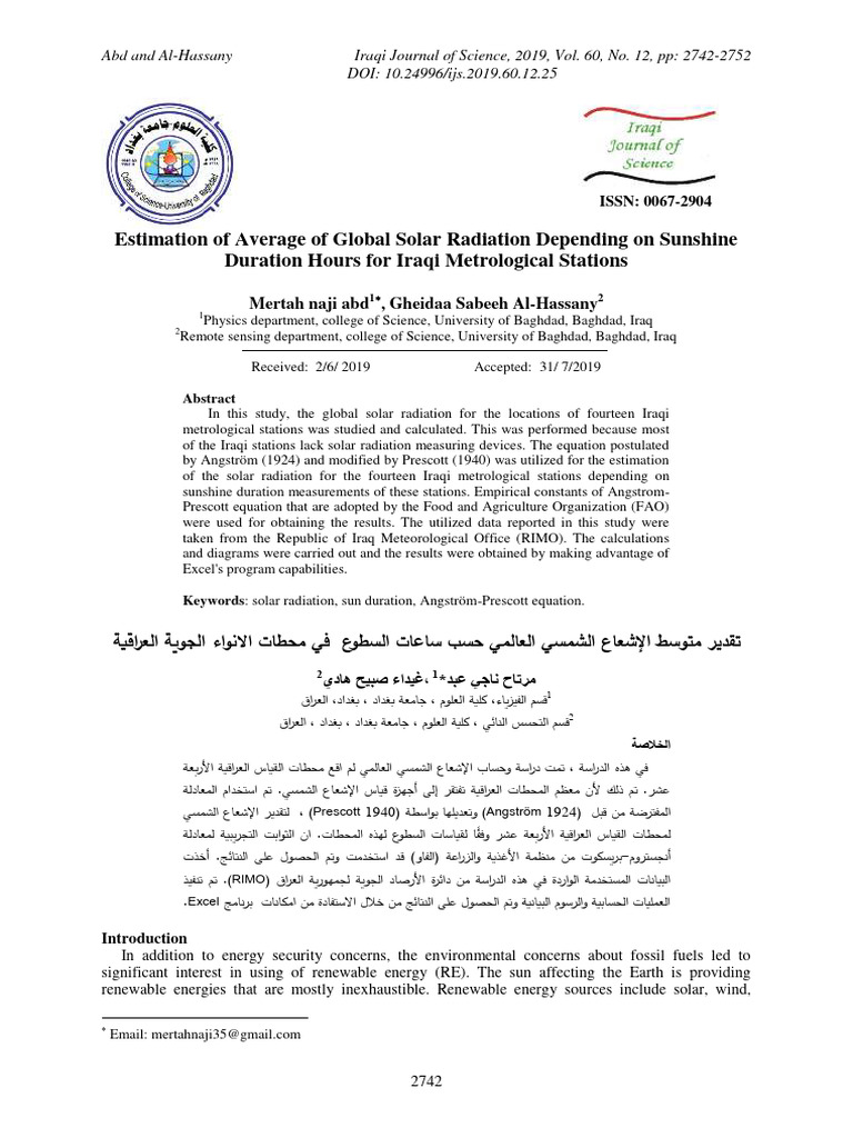 Estimation Of Average Of Global Solar Radiation Depending On Sunshine Duration Hours For Iraqi