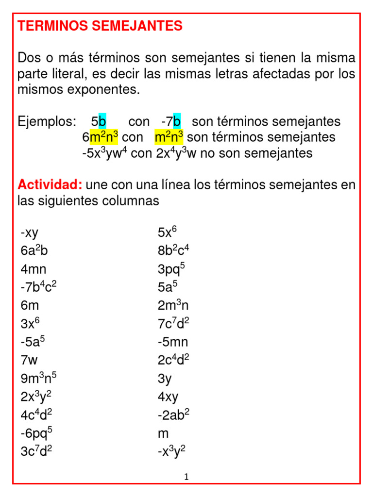 Términos semejantes | PDF | Matemáticas | Matemática Elemental