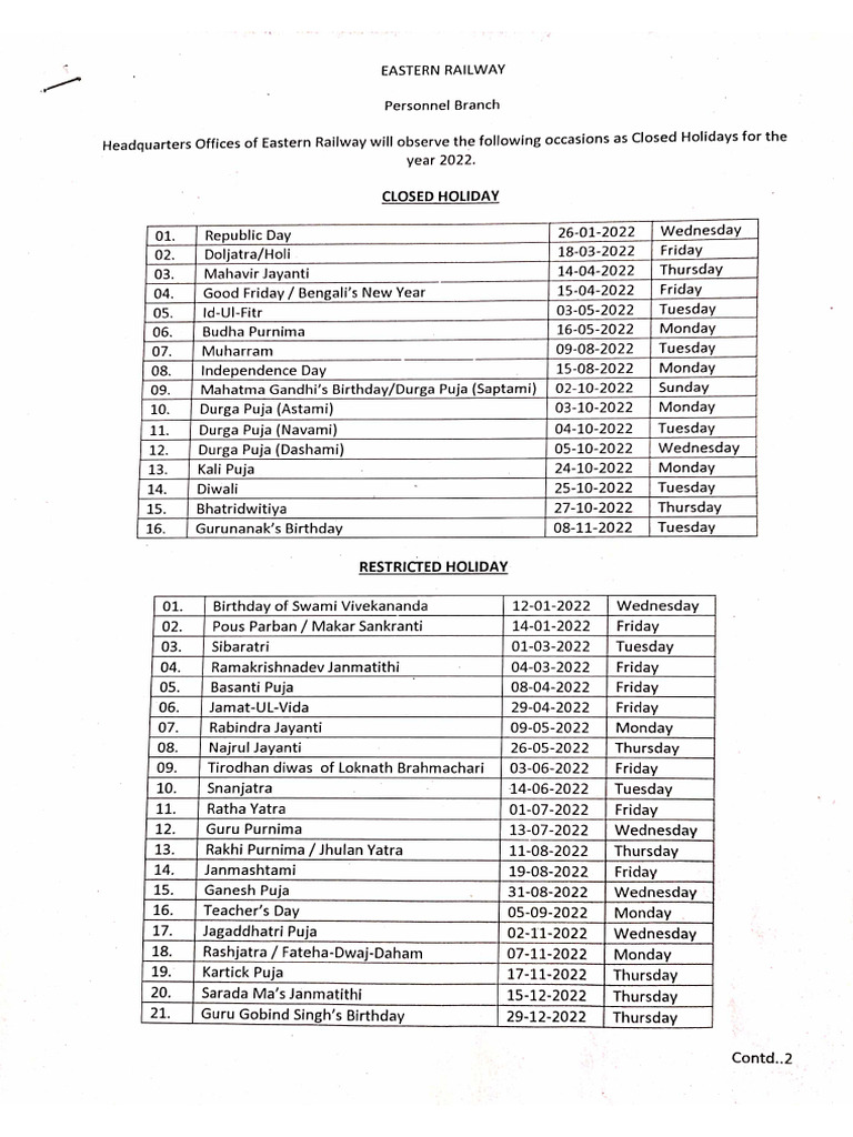 Eastern Railway Holiday List 2022 | PDF | Observances | Festival