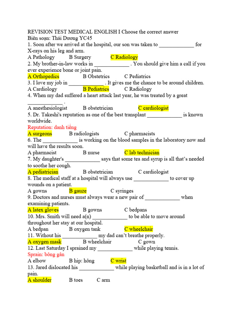 REVISION TEST MEDICAL ENGLISH I Choose The Correct Answer | PDF | Vein ...