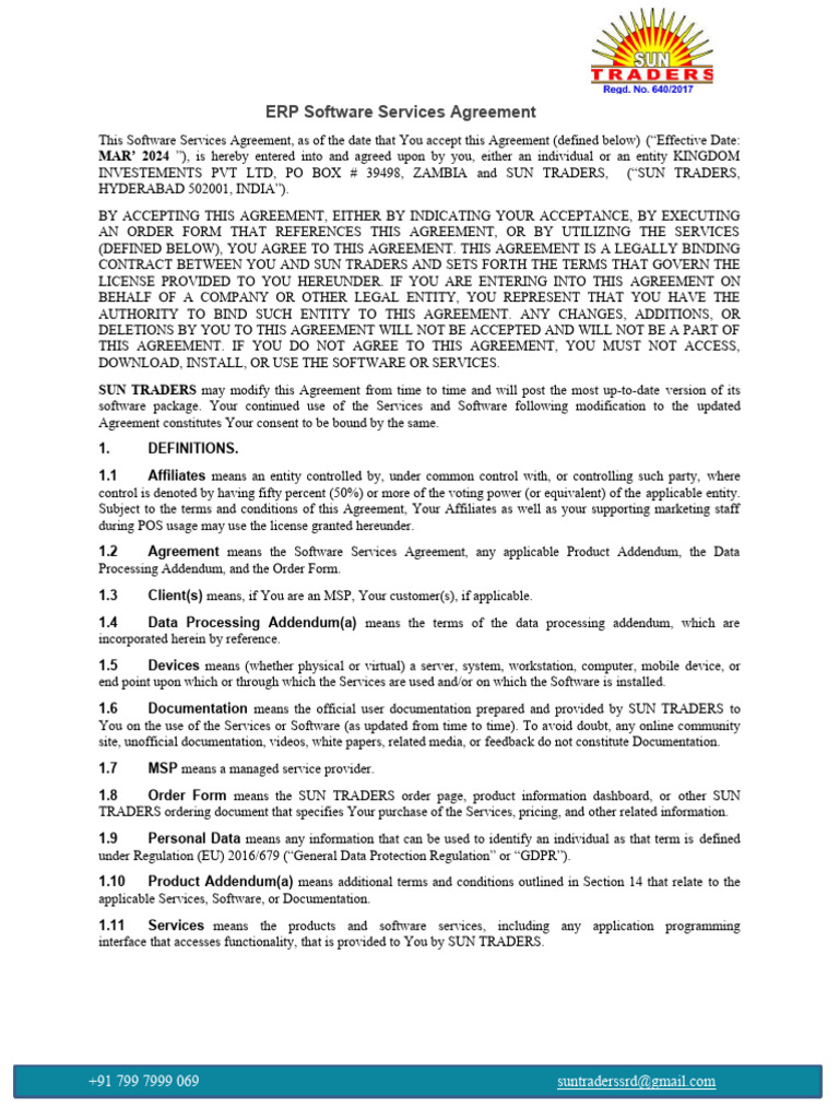 ERP Software-Services-Agreement! | PDF | Indemnity | Taxes ERP Software-Services-Agreement! | PDF | Indemnity | Taxes