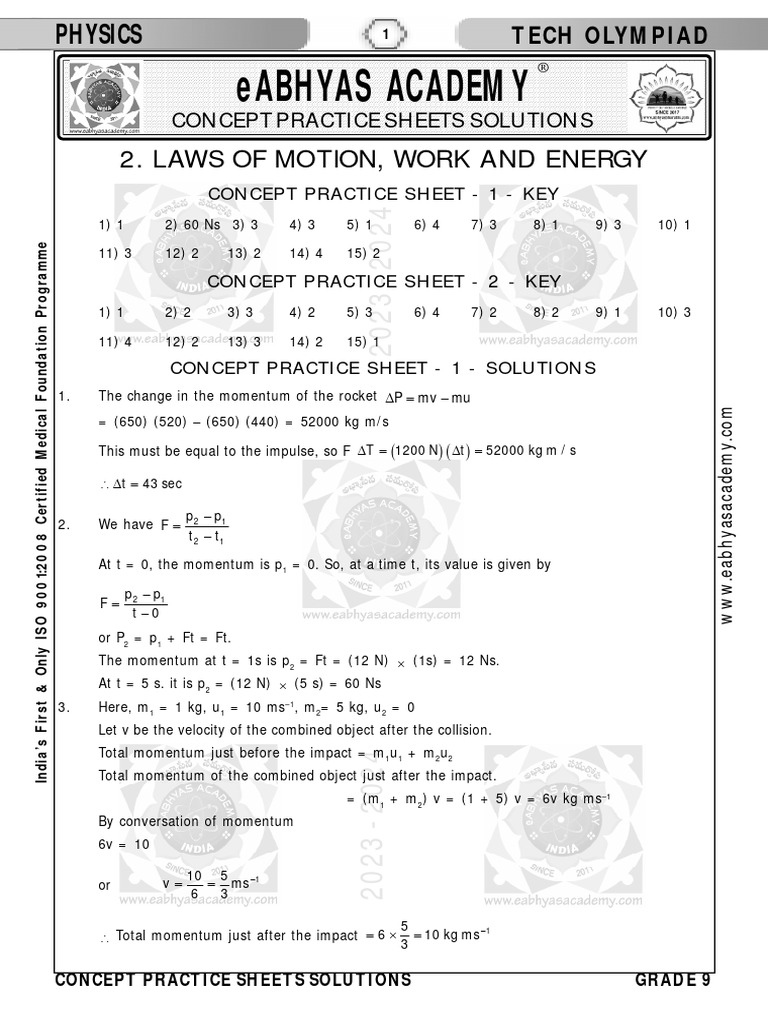 9TH 2 LAWS OF MOTION WORK AND ENERGY PRACTICE SHEET SOLUTIONS