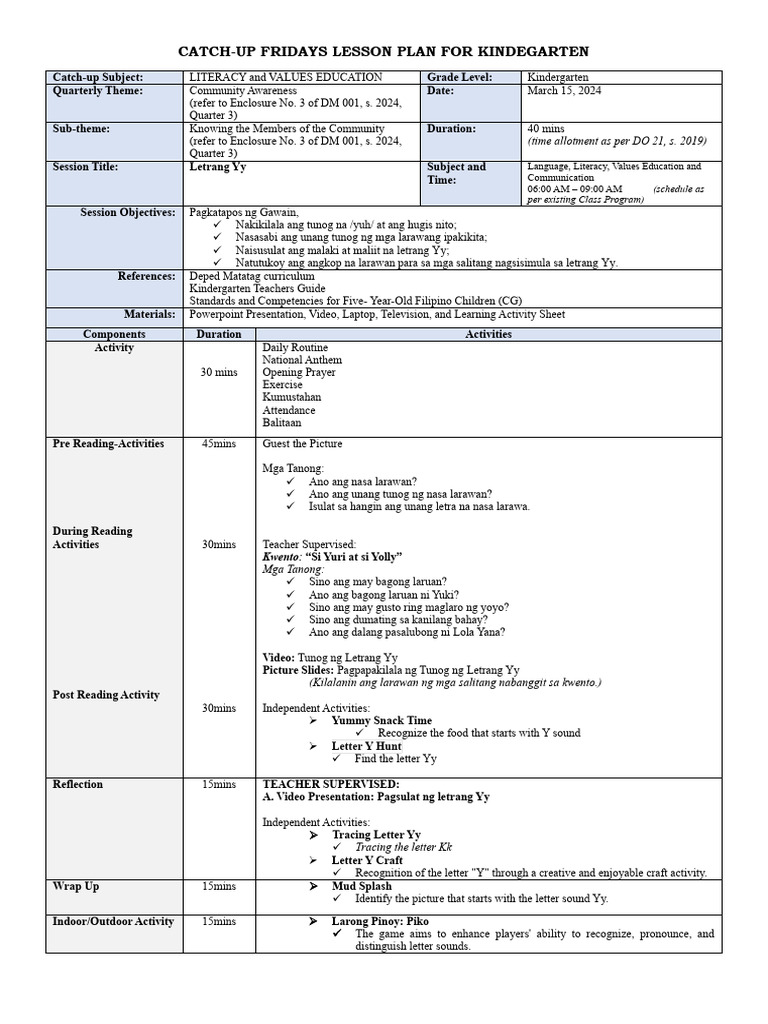 Kindergarten Literacy Lesson Plan | PDF | Learning | Behavior Modification