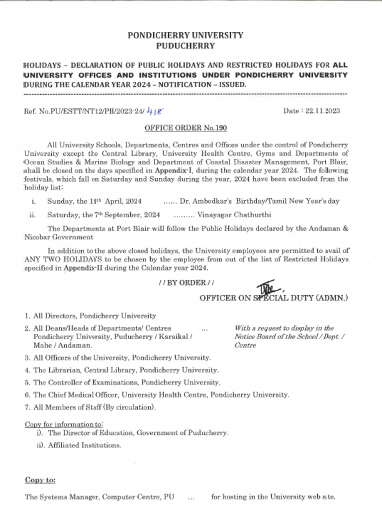 Public Holidays and Restricted Holidays 2024 | PDF