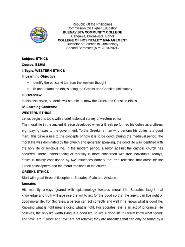 WESTERN ETHICS Notes | PDF | Socrates | Reason