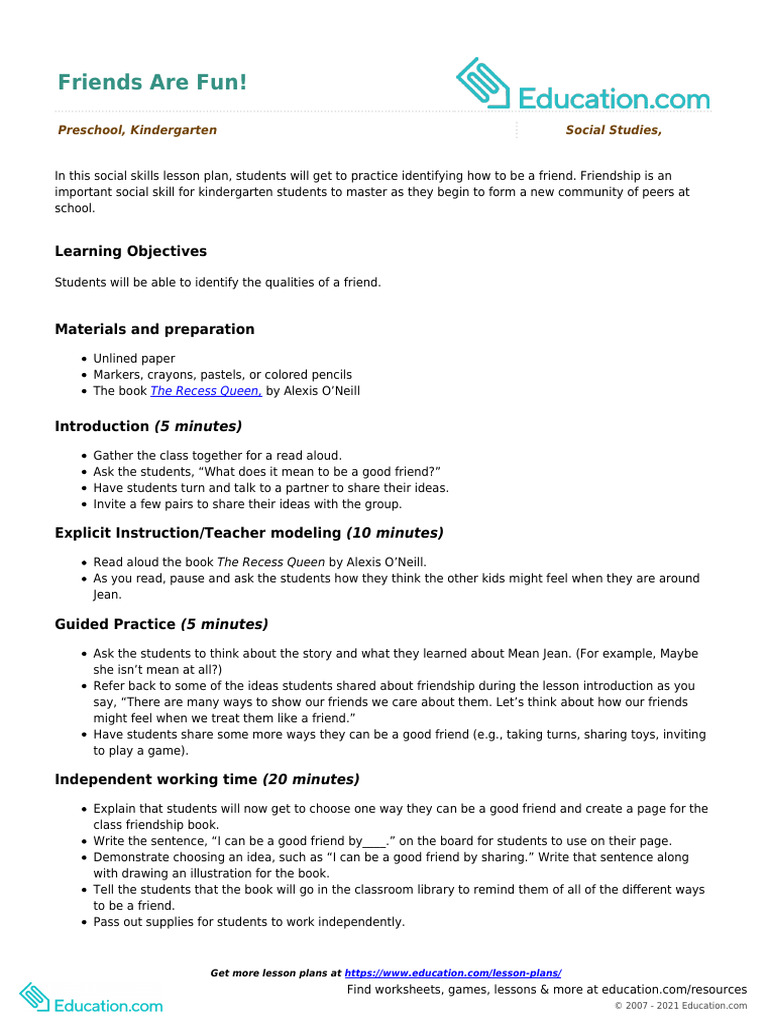 Friendship Skills for Preschoolers | PDF | Lesson Plan | Books