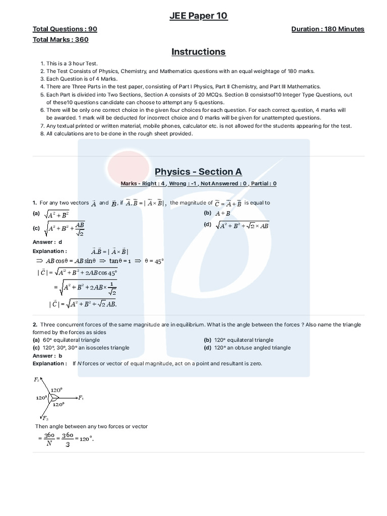 JEE Paper 10 Solutions - Unlocked | PDF | Triangle | Force