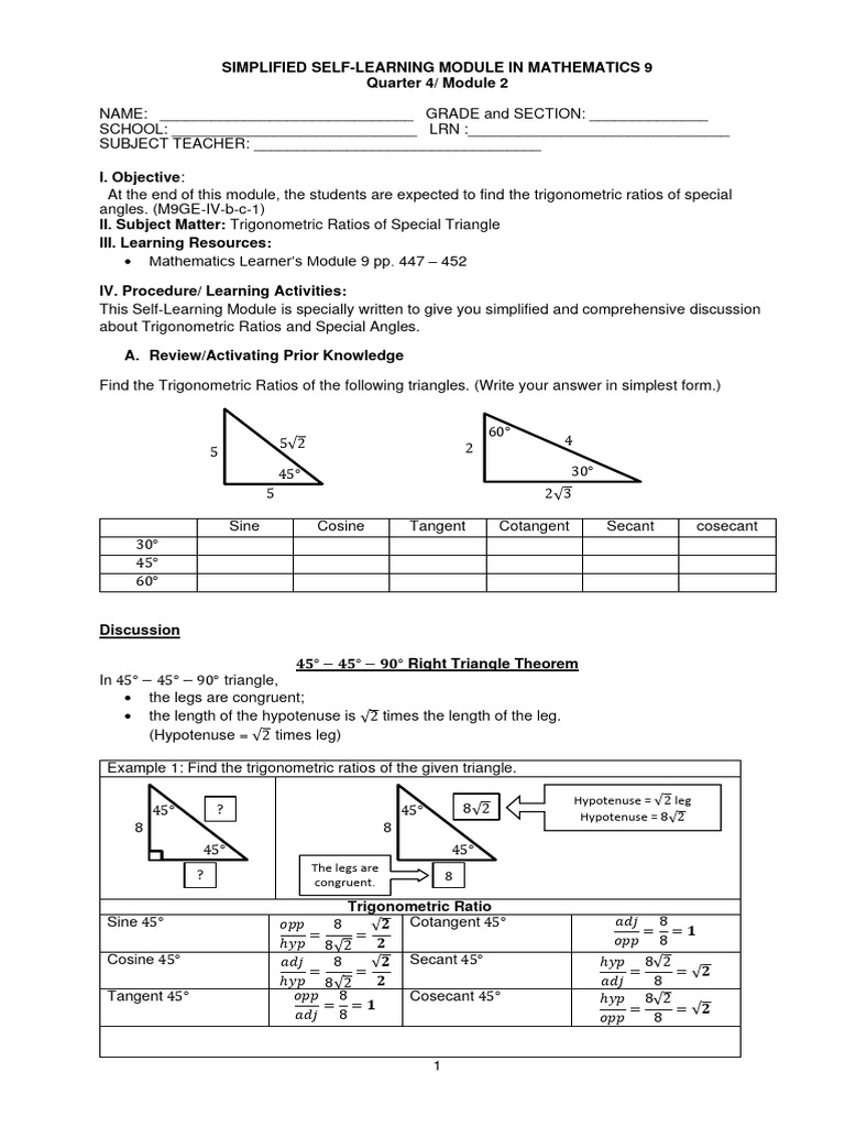 Math-9 Q4 M2-1 | Download Free PDF | Trigonometric Functions | Trigonometry