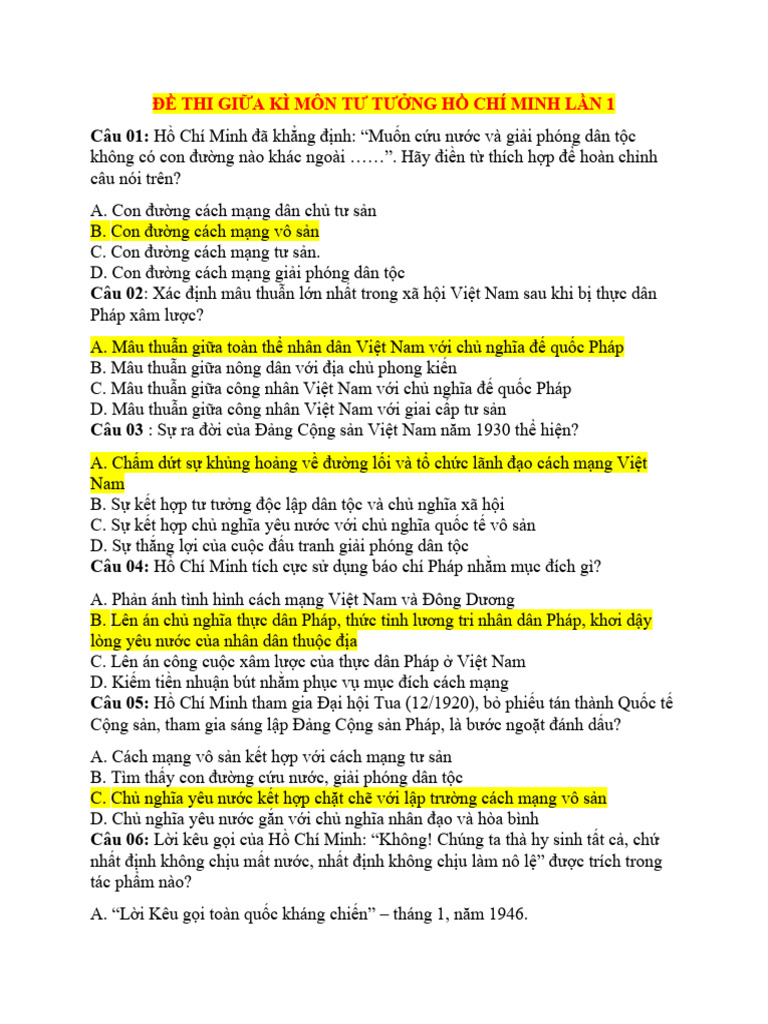 ĐỀ THI GIỮA KÌ MÔN TƯ TƯỞNG HỒ CHÍ MINH ÔN TẬP | PDF