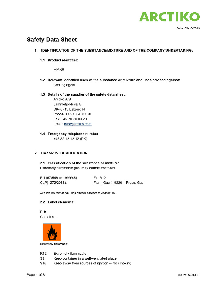EP88 Refrigerant data-sheet-refrigerant Arctiko | PDF | Toxicity ...