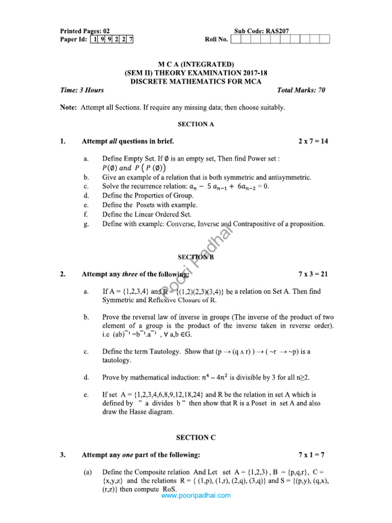 Discrete Mathematics For MCA RAS207 | PDF