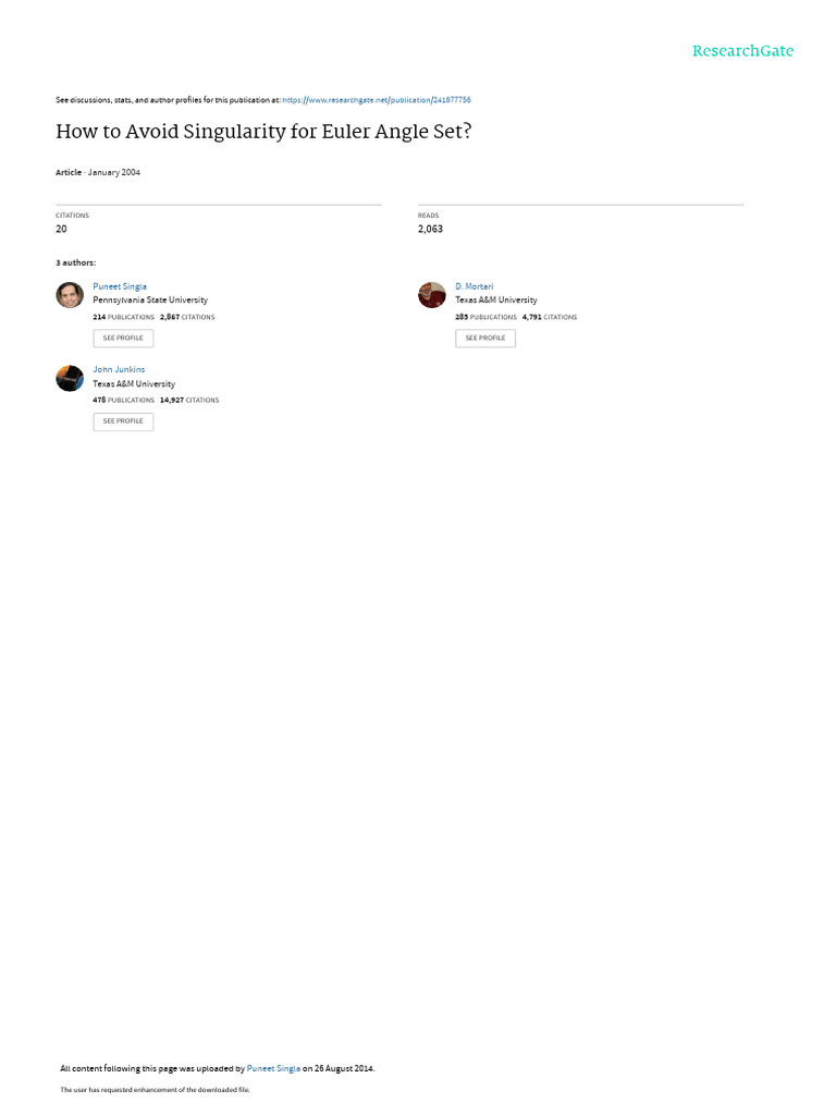 How To Avoid Singularity For Euler Angle Set | PDF | Matrix (Mathematics) | Coordinate System