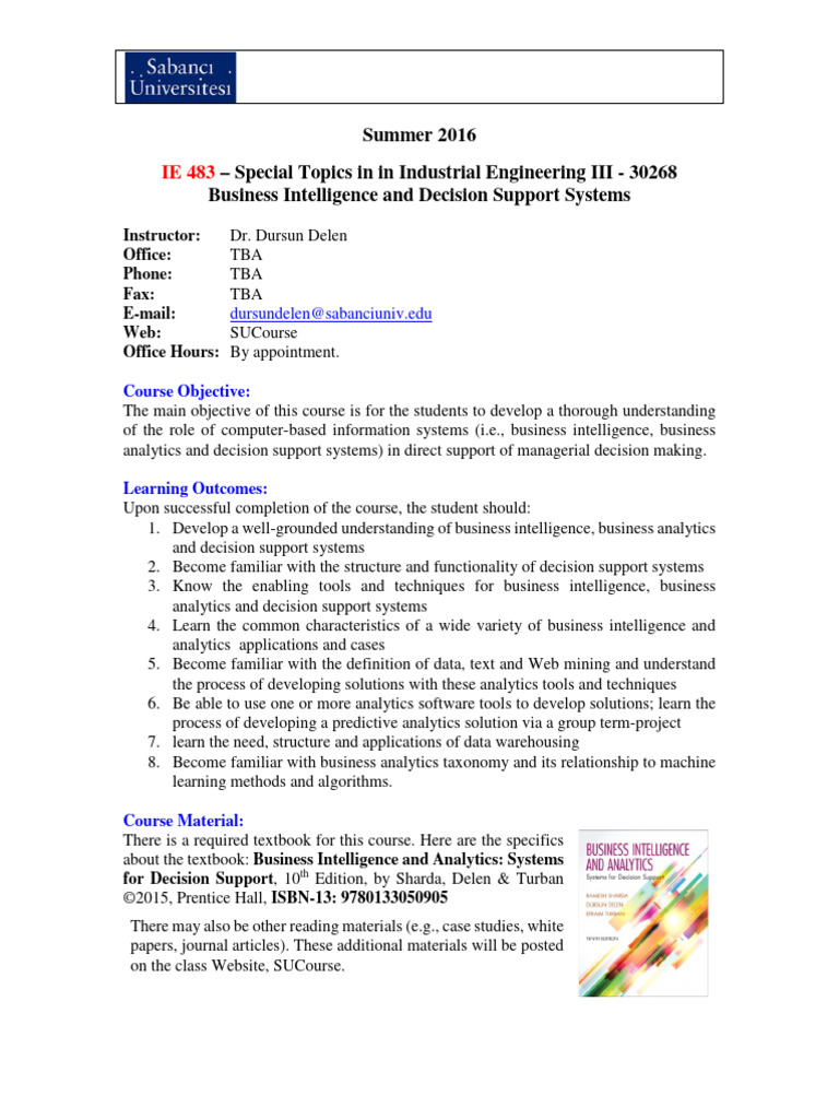 Syllabus IE483 BI DSS Summer2016 Ver1.0 | PDF | Analytics | Business Intelligence