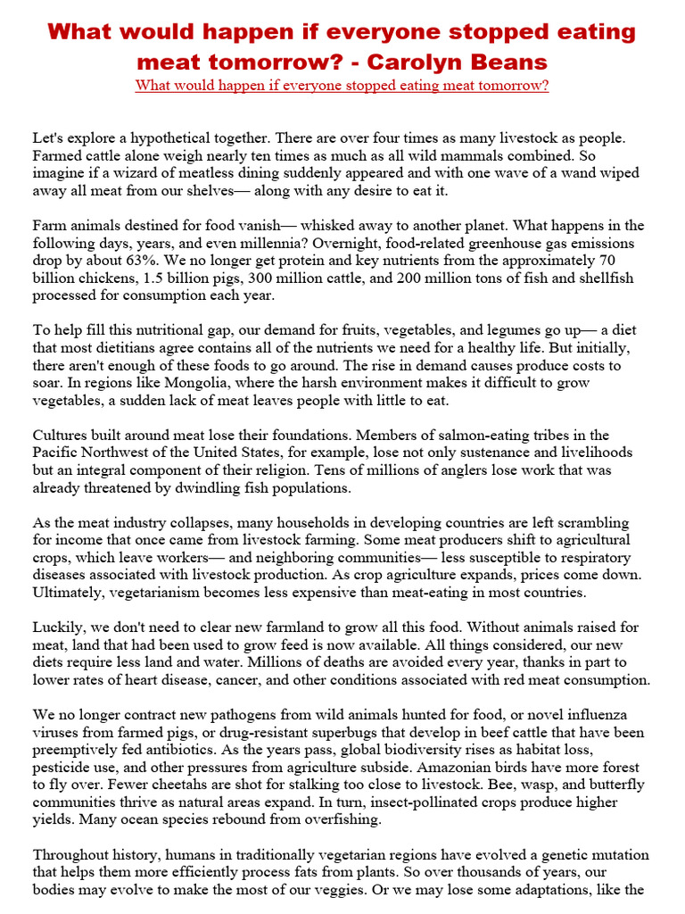 UNDONE What Would Happen If Everyone Stopped Eating Meat Tomorrow Carolyn Beans | PDF | Meat ...