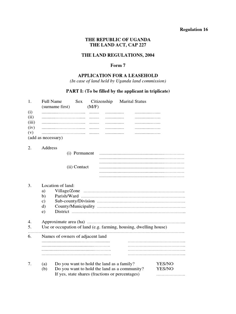 Uganda Leasehold Application Form | PDF | Home & Garden