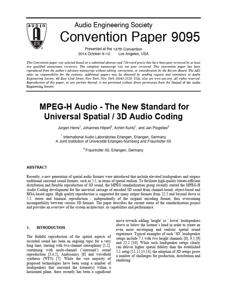 Mpeg H The New Standard For Spatial Audio Coding Pdf Codec Data