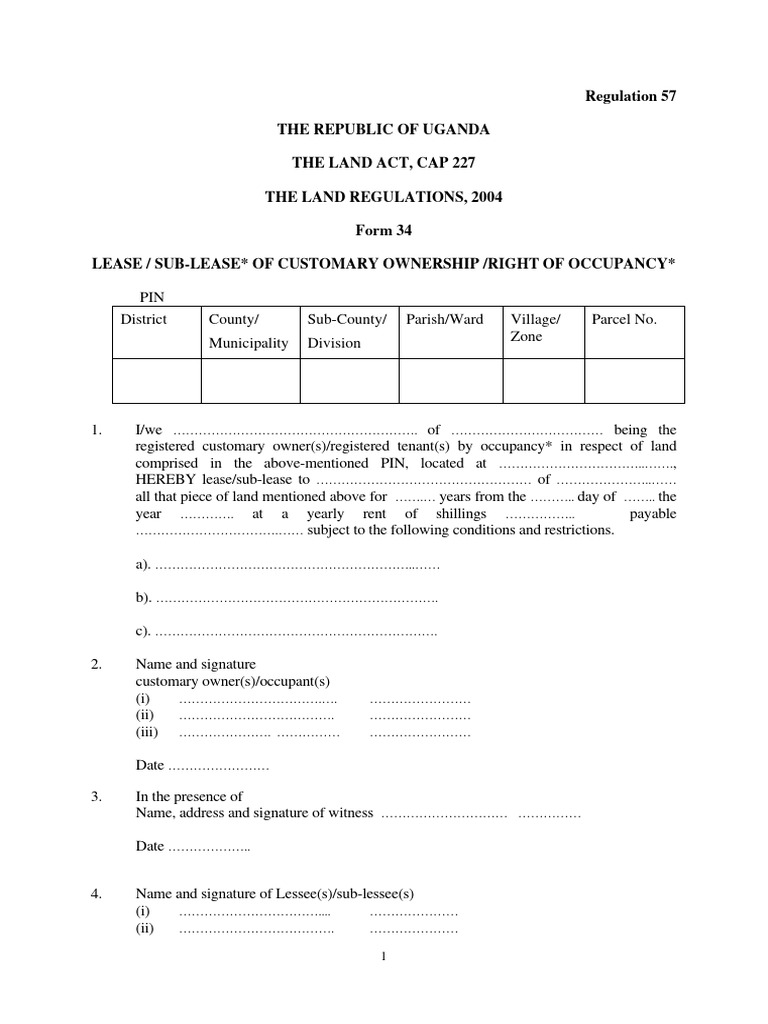 Land Form34 Lease or Sub Lease of Customary Land or Right of Occupancy ...