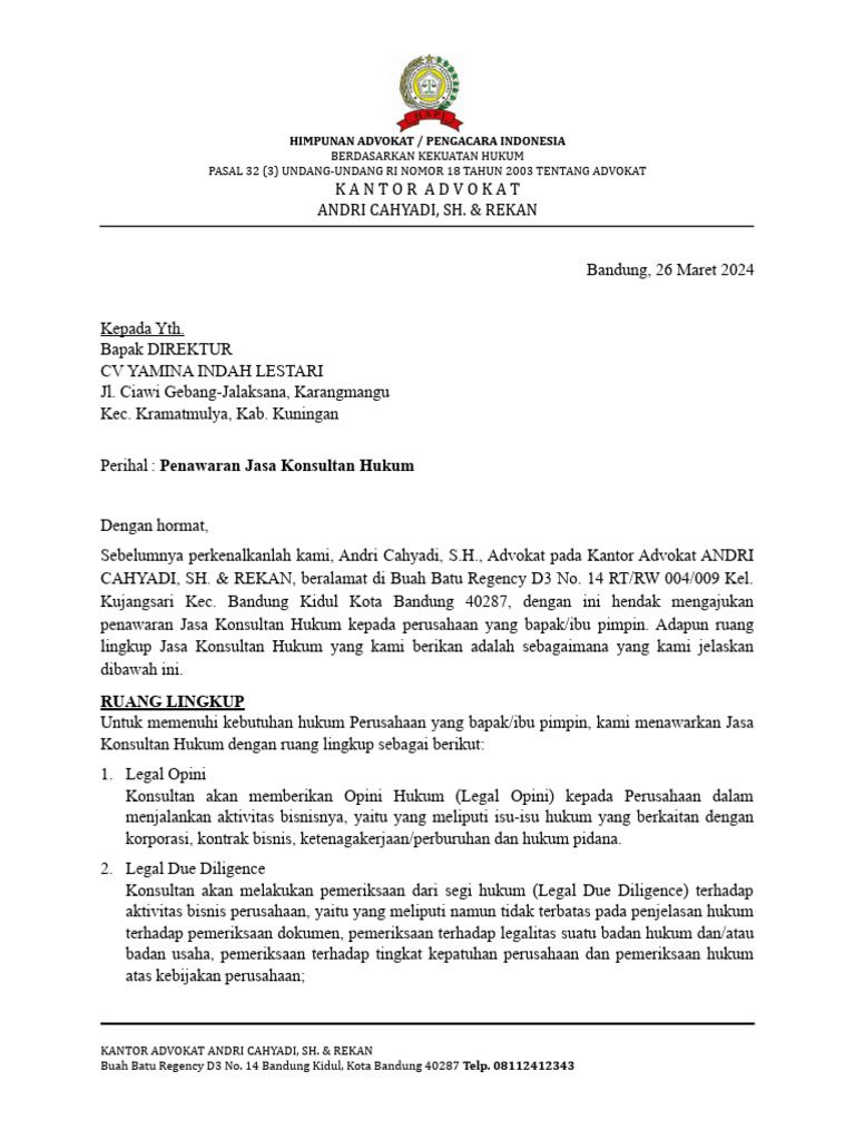 Contoh Surat Penawaran Jasa Konsultan Hukum Perusahaan (Retainer) | PDF
