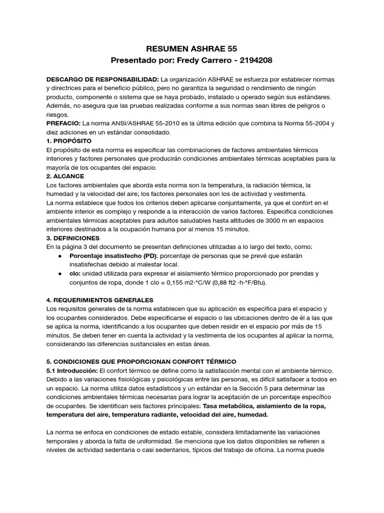 Resumen ASHRAE 55 Mas Resumido | PDF | Temperatura | Medición